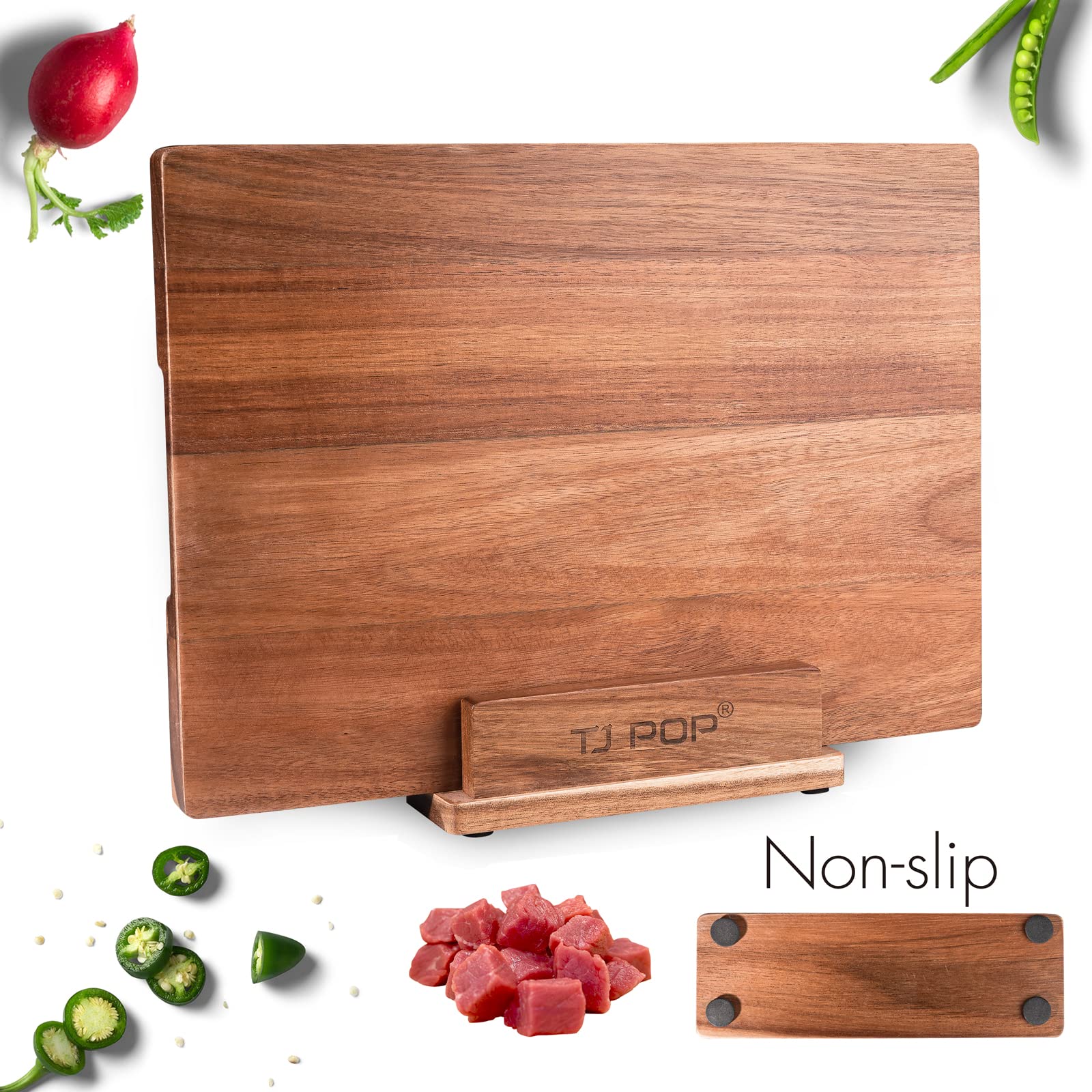 Acacia Wood Cutting Board for Kitchen, TJ POP Premium Chopping Board with Stand Organizer, 15.8 x 11.9 x 1 Inches Large Cheese Serving Board