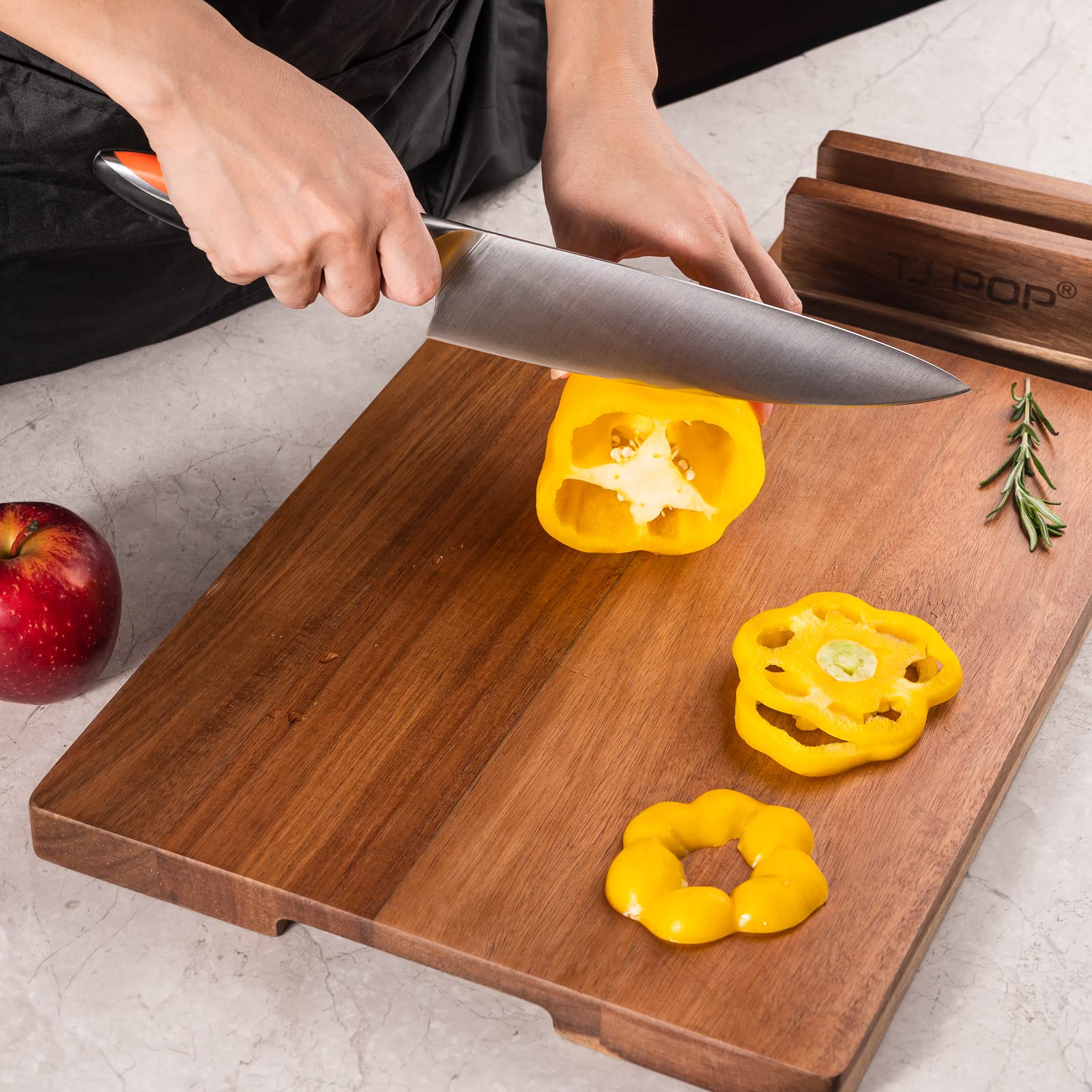 Acacia Wood Cutting Board for Kitchen, TJ POP Premium Chopping Board with Stand Organizer, 15.8 x 11.9 x 1 Inches Large Cheese Serving Board