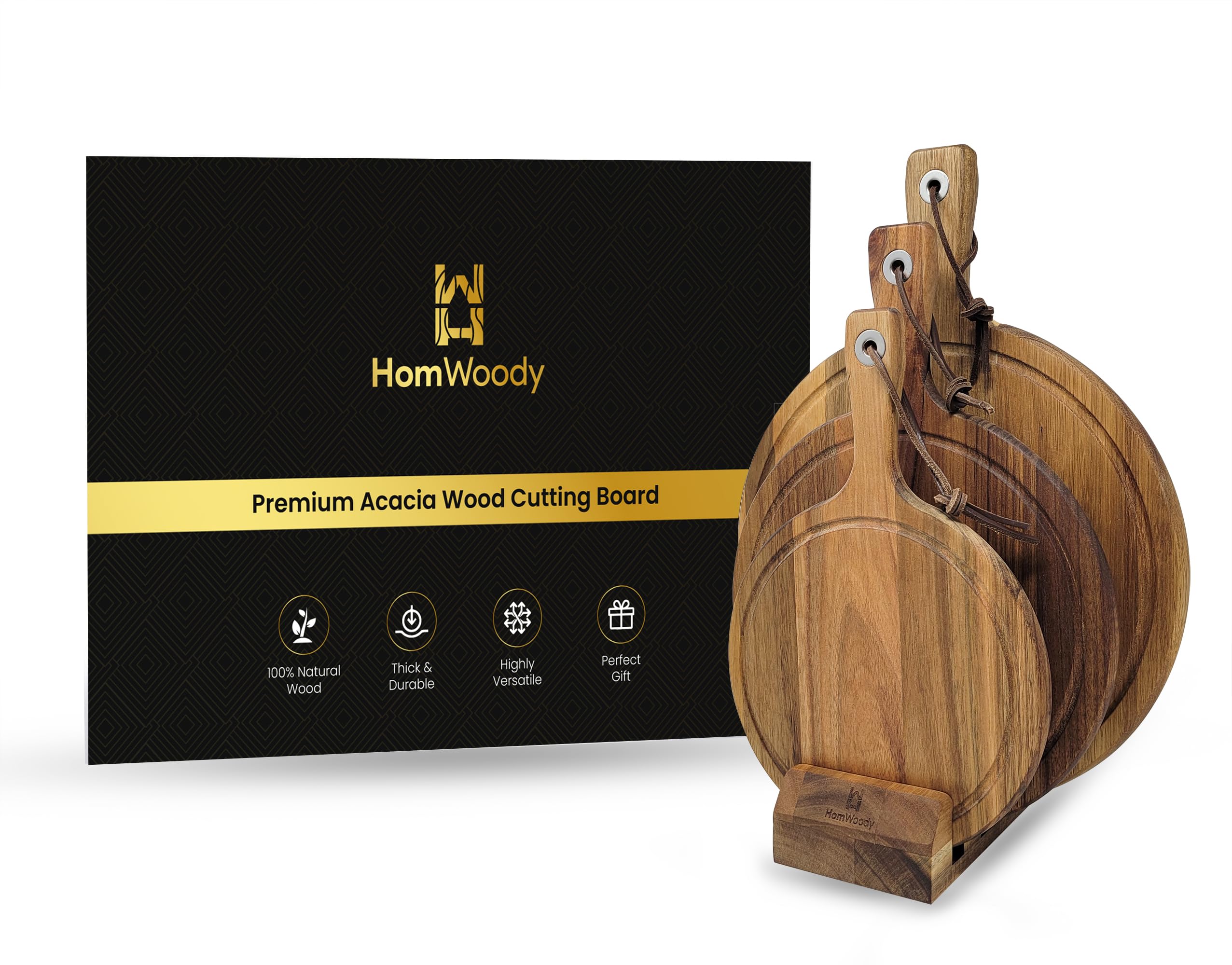 Homwoody Premium Acacia Wood Cutting Board with handle/Cheese Board - (Set of 3) Thick/Large Acacia Cutting Board/Charcuterie Boards - Luxury Wood Cutting Board/Cheese Board/Charcuterie Board/Platter