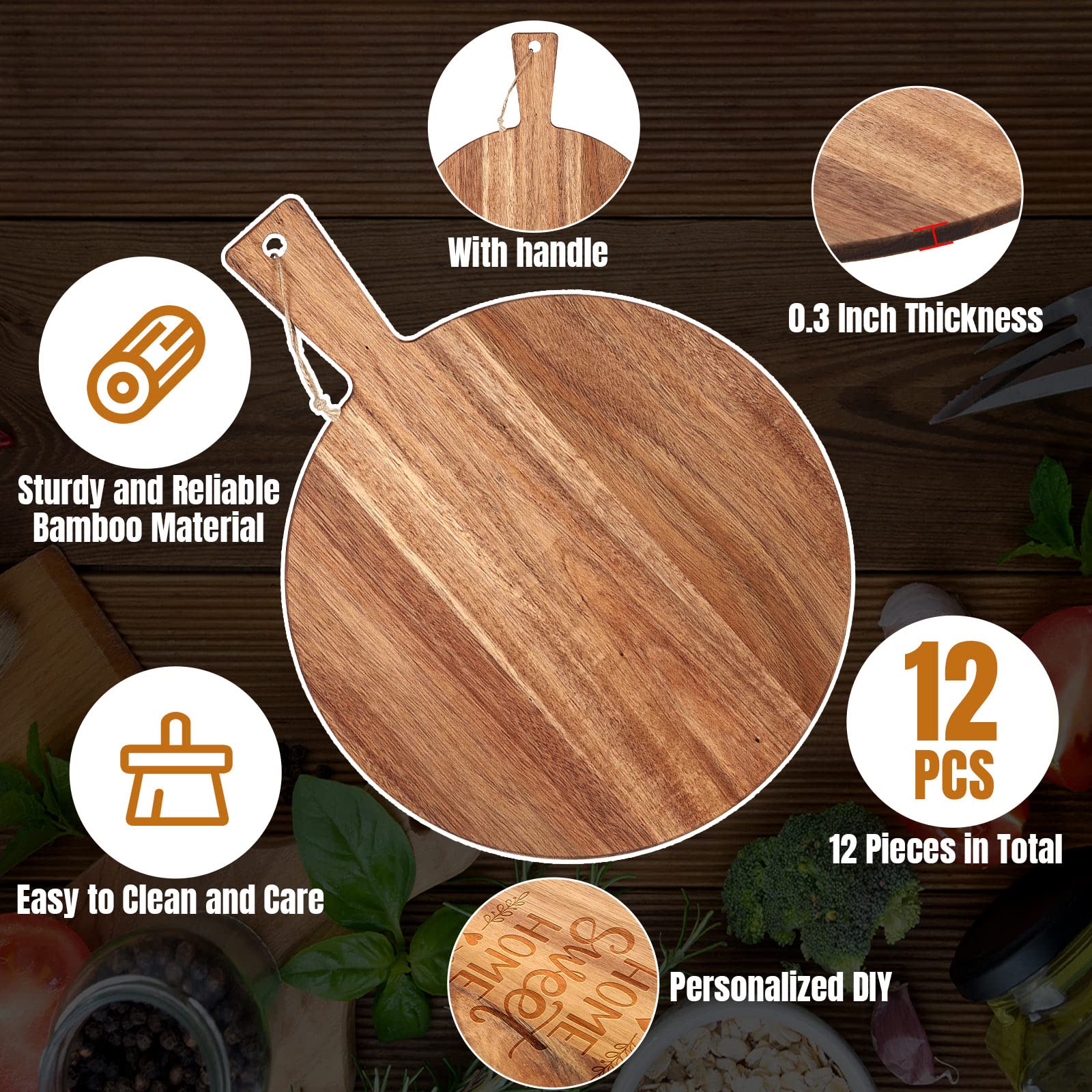 Patelai 12 Piece Round Wood Cutting Board Pizza Peel with Handle Laser Engraving Serving Board Charcuterie Cheese Bread Cutting Board for DIY Wedding Housewarming Gift (12 Inch, Acacia Wood)