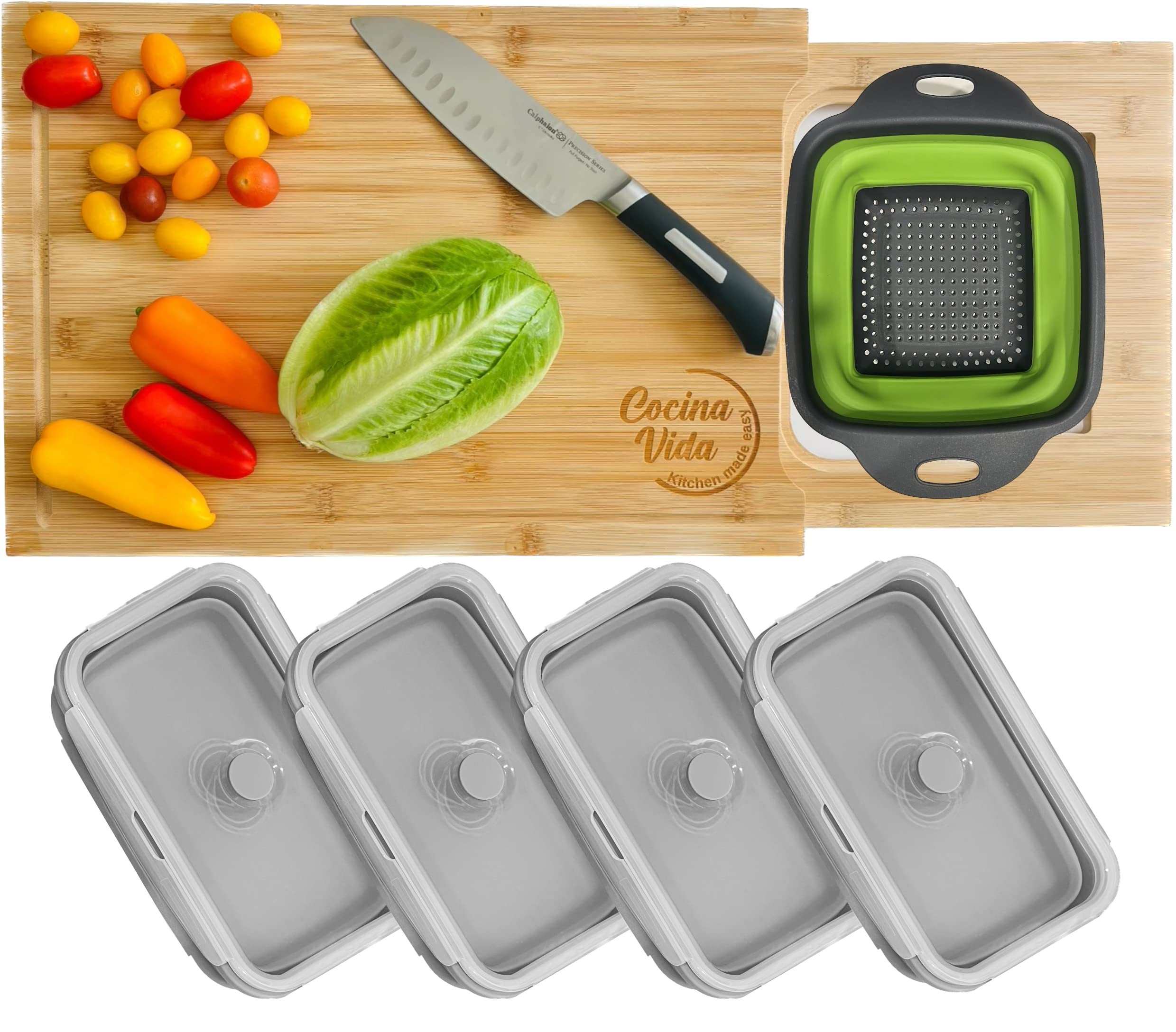 Cocina Vida Bamboo Cutting Board with 4 Collapsible Containers and Strainer - All-in-One Over the Sink or Counter Slide-out Bamboo Cutting Board - Kitchen Must Have