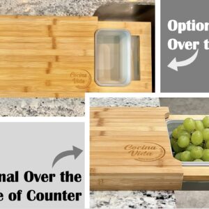 Cocina Vida Bamboo Cutting Board with 4 Collapsible Containers and Strainer - All-in-One Over the Sink or Counter Slide-out Bamboo Cutting Board - Kitchen Must Have