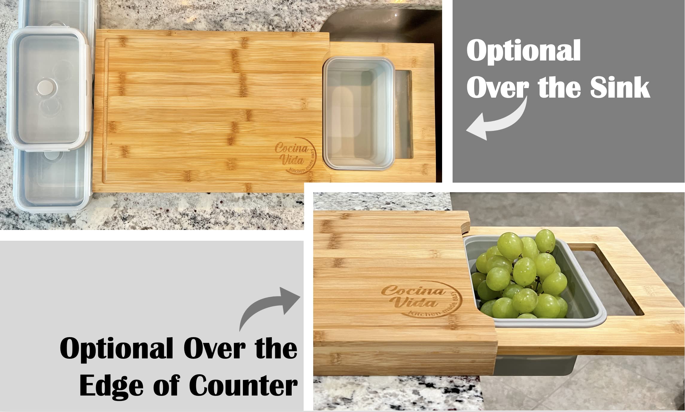 Cocina Vida Bamboo Cutting Board with 4 Collapsible Containers and Strainer - All-in-One Over the Sink or Counter Slide-out Bamboo Cutting Board - Kitchen Must Have