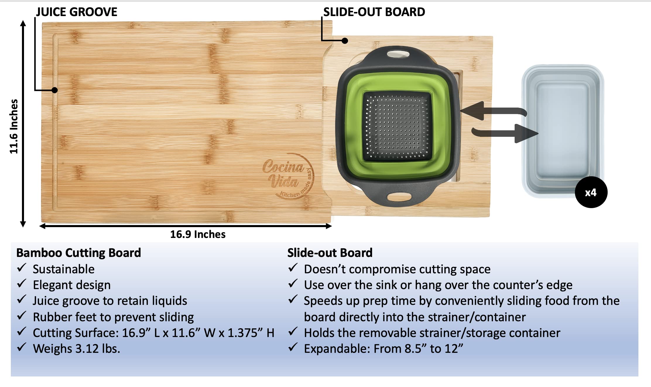 Cocina Vida Bamboo Cutting Board with 4 Collapsible Containers and Strainer - All-in-One Over the Sink or Counter Slide-out Bamboo Cutting Board - Kitchen Must Have