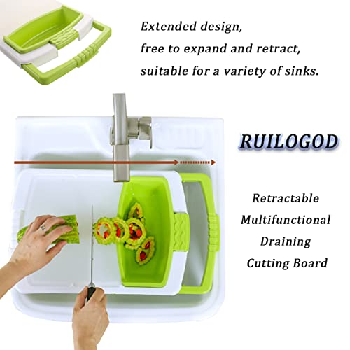 RUILOGOD 3 in 1 Kitchen Multifunction Sink Strainer Plastic Cutting Board Storage Basket, Over the Sink Chopping Board with Containers Retractable Drain Basket for Cutting Washing Draining (Gray)