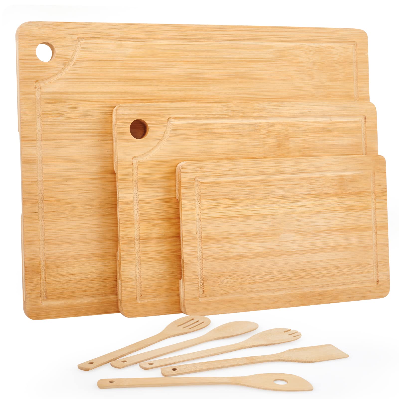 Bamboo Cutting Board Set with Juice Groove (3 Pieces), Wooden Cutting Boards with Hole for Kitchen, Chopping Boards with Bamboo Utensils for Meat, Vegetables, Cheese and Fruits