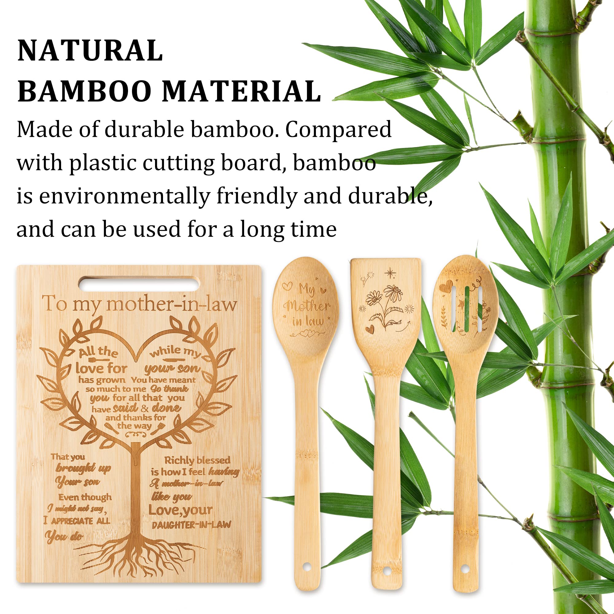 Luiqs Vens 4Pcs Mom Cutting Board with Utensils Gift, Mother’s Day Cutting Board To My Mother in Law Tree Heart Engraved Bamboo Board Mom Gift Mother’s Day Birthday Present from Daughter Son