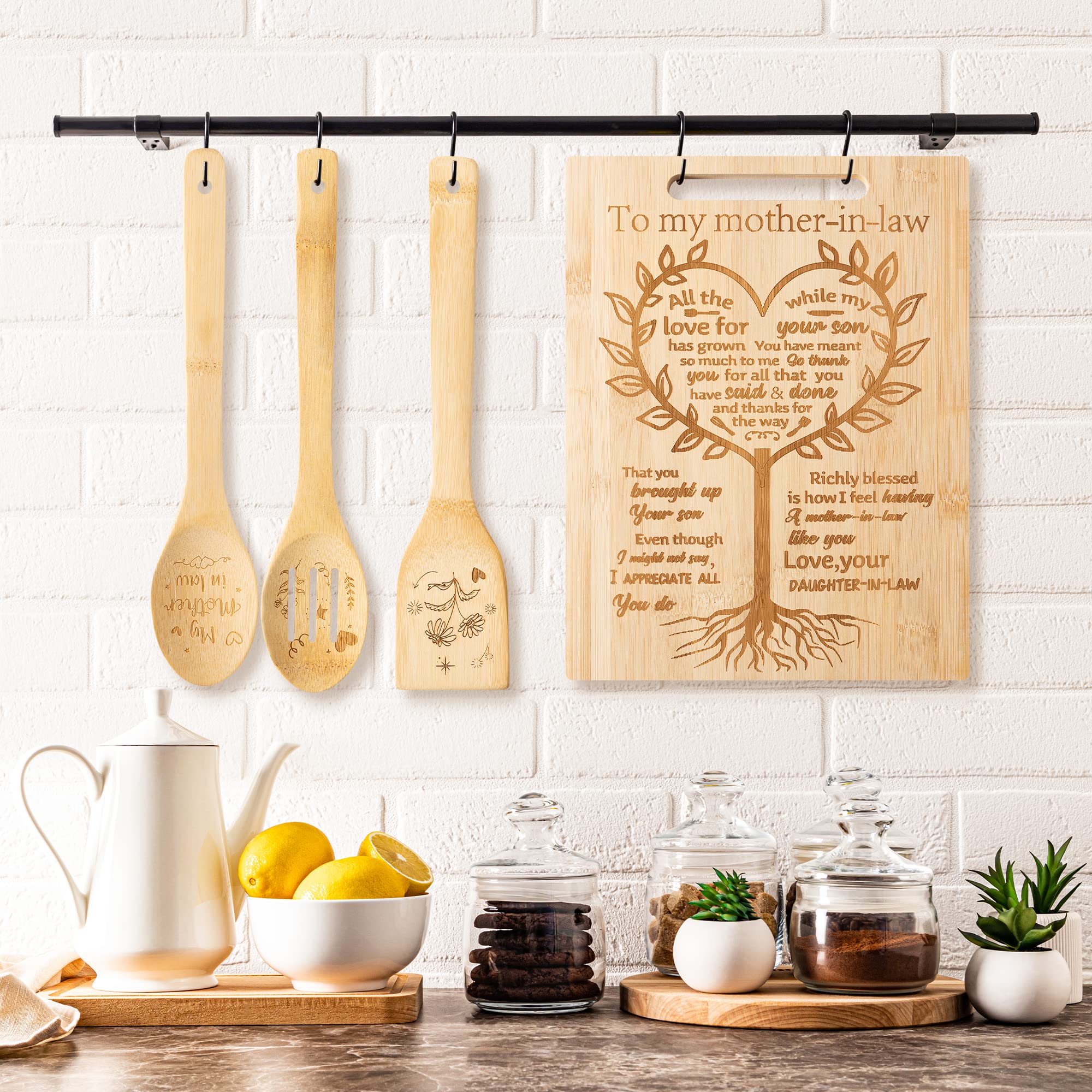 Luiqs Vens 4Pcs Mom Cutting Board with Utensils Gift, Mother’s Day Cutting Board To My Mother in Law Tree Heart Engraved Bamboo Board Mom Gift Mother’s Day Birthday Present from Daughter Son