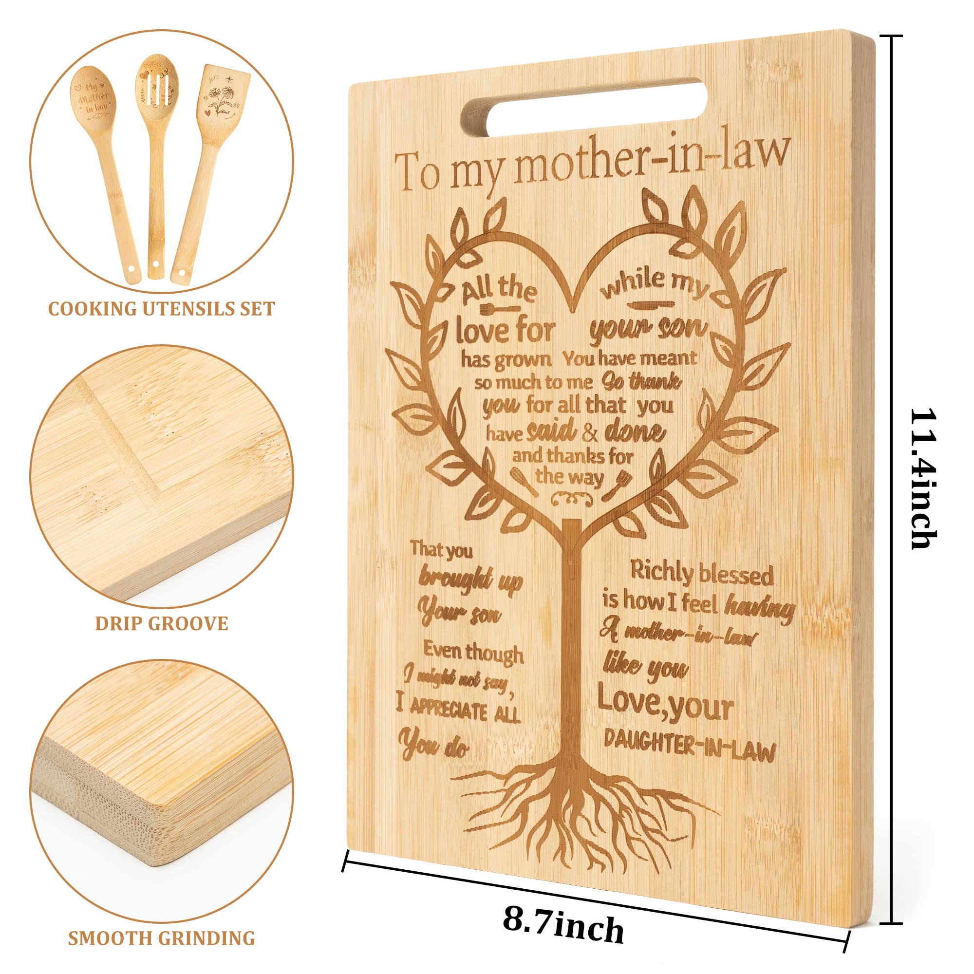 Luiqs Vens 4Pcs Mom Cutting Board with Utensils Gift, Mother’s Day Cutting Board To My Mother in Law Tree Heart Engraved Bamboo Board Mom Gift Mother’s Day Birthday Present from Daughter Son