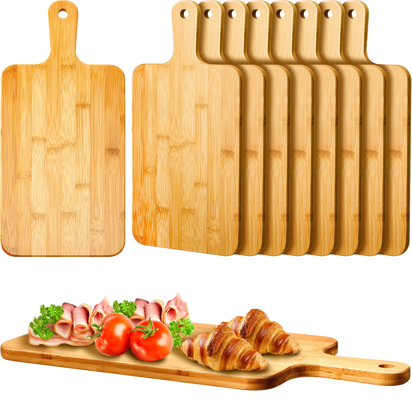 Nuenen 10 Pcs Wood Cutting Board with Handle 15.7 x 7.8 Inch Wooden Serving Board Kitchen Chopping Boards for Pizza, Bread, Cheese, Charcuterie, Fruit, Vegetables(Bamboo)