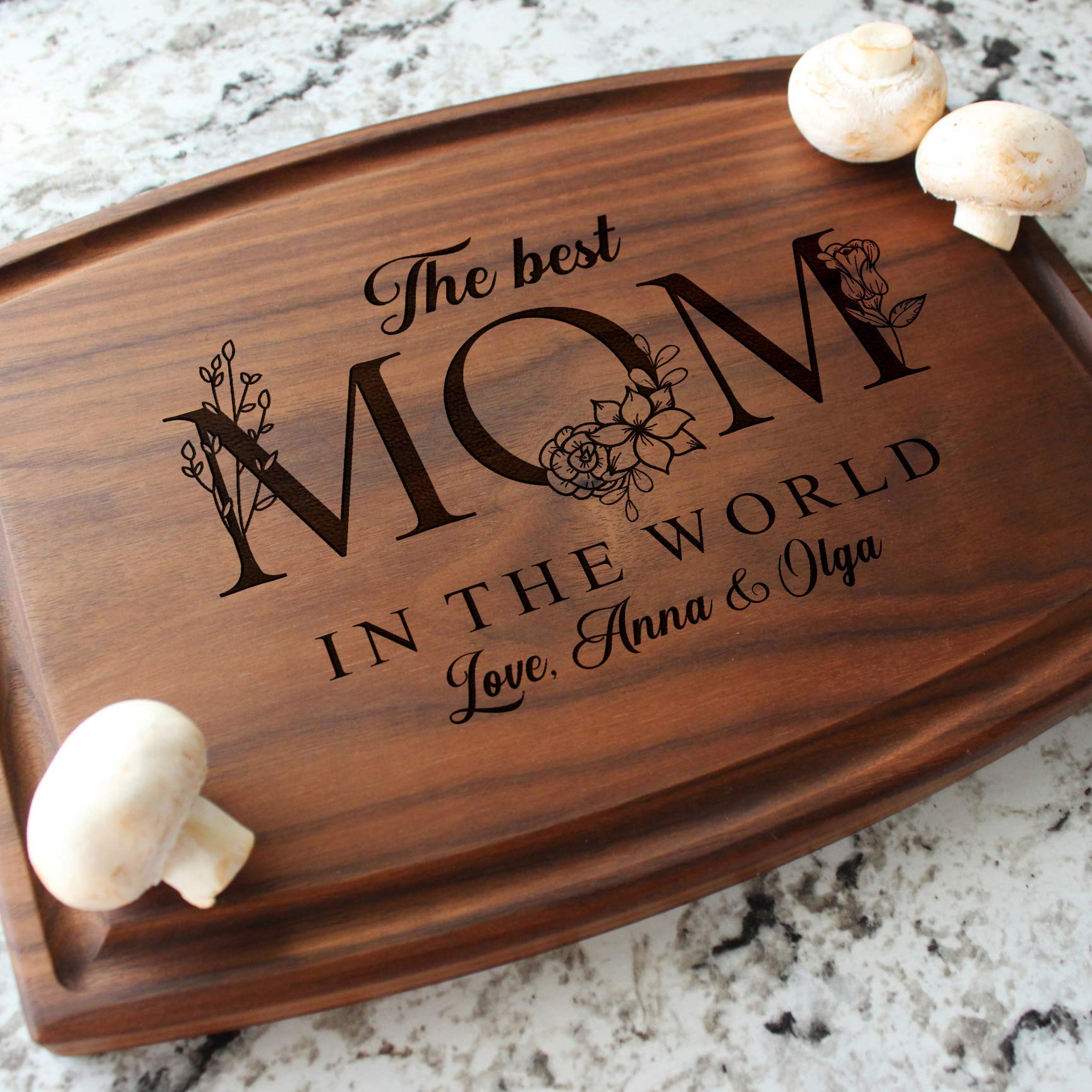 Personalized Cutting Board, Custom Mother's Day, Baby Shower or Birthday Gift Idea, Wood Engraved Charcuterie, for Parents and Grandmas, Floral Mom Design 110