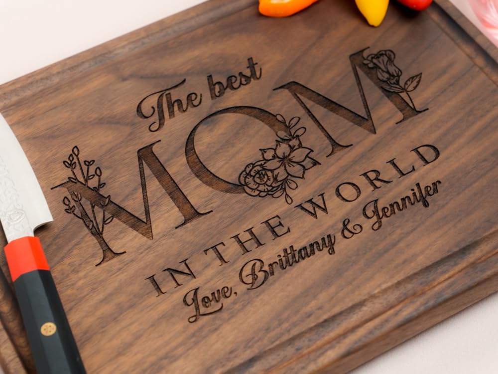 Personalized Cutting Board, Custom Mother's Day, Baby Shower or Birthday Gift Idea, Wood Engraved Charcuterie, for Parents and Grandmas, Floral Mom Design 110