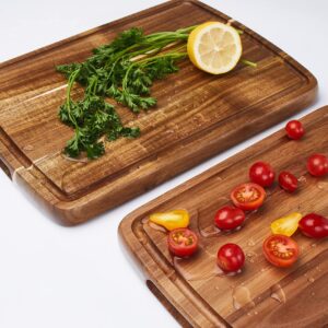 Set of 2 Sonder Los Angeles Acacia Wood Cutting Boards with Juice Groove, Gift Box Included - Small & Medium Sizes: 14x10x1in & 12x8x1in. Ideal for Meat, Vegetables, and Organic Produce Sustainable