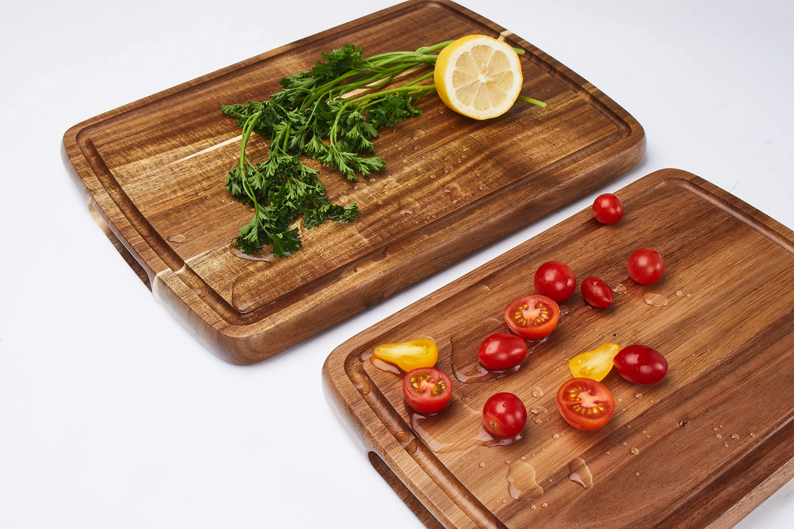 Set of 2 Sonder Los Angeles Acacia Wood Cutting Boards with Juice Groove, Gift Box Included - Small & Medium Sizes: 14x10x1in & 12x8x1in. Ideal for Meat, Vegetables, and Organic Produce Sustainable