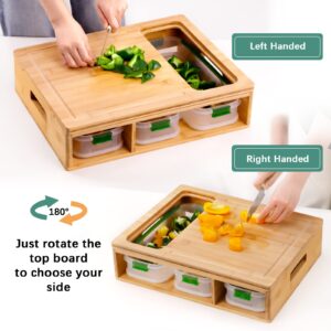 Kitchen Bamboo Cutting Board with Containers & Graters, Large Removable Chopping Board with Juice Grooves, Easy-grip Handles & Food Sliding Opening, Carving Board with Trays for Food Prep, Storage