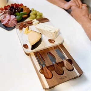 Cheezcare Marble Cheese Board - Acacia Wood Tray with 3-Knife Set - Marble Charcuterie Board for 2-6 People - Great Gift for Weddings, Anniversary & Housewarming Parties - White Marble Board