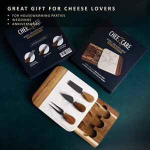 Cheezcare Marble Cheese Board - Acacia Wood Tray with 3-Knife Set - Marble Charcuterie Board for 2-6 People - Great Gift for Weddings, Anniversary & Housewarming Parties - White Marble Board