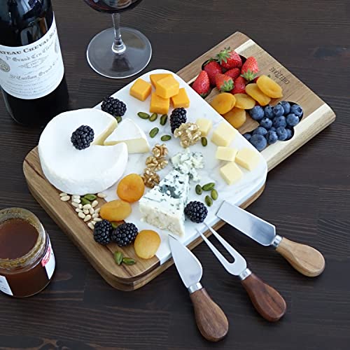 Cheezcare Marble Cheese Board - Acacia Wood Tray with 3-Knife Set - Marble Charcuterie Board for 2-6 People - Great Gift for Weddings, Anniversary & Housewarming Parties - White Marble Board