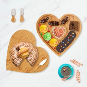 bamboo heart charcuterie board set with knife set – cheese tray for serving cheese, crackers, and appetizers at parties – best gift for weddings birthdays valentines, anniversaries, and much more