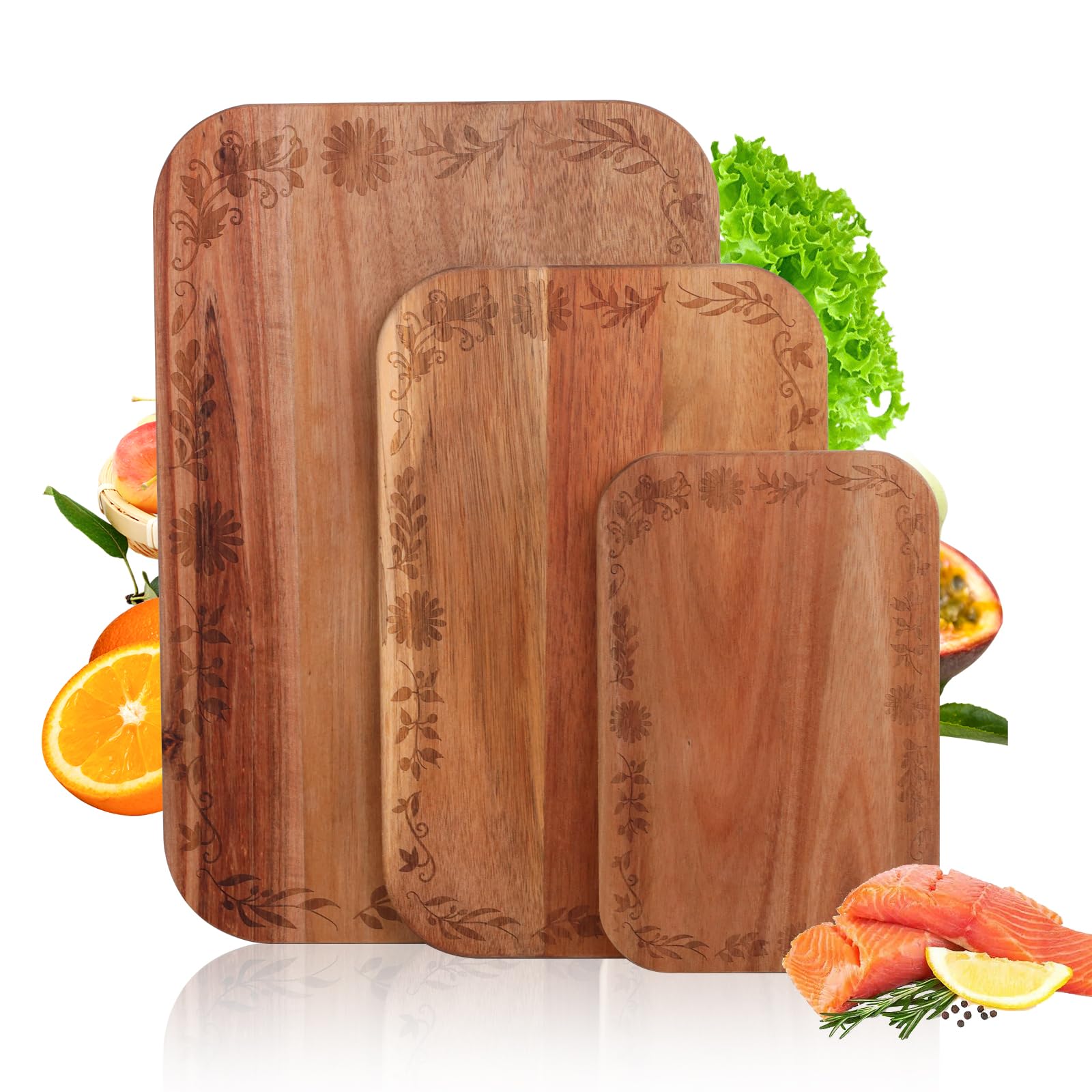 Decorative Cutting Board by Beardo for Kitchen Acacia Cute Wood Cutting Boards Set Large Medium and Small Sizes with Floral