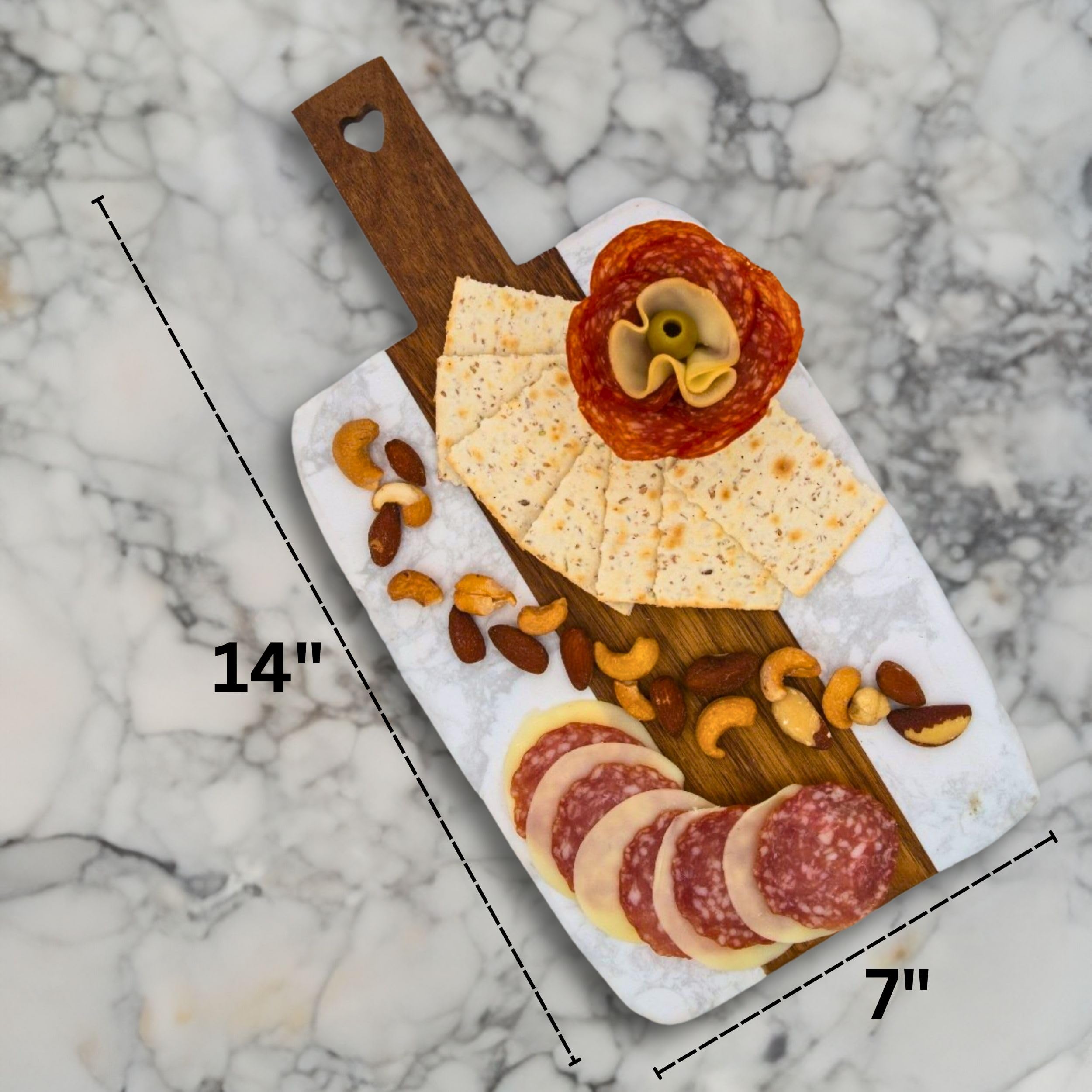 The Live Edge - Acacia Wood Small Marble and Wooden Decorative Cutting Board for Kitchen, White Marble and Wood Charcuterie Board, Small Wooden Marble Cheese Board With Handle Serving, Chopping Board