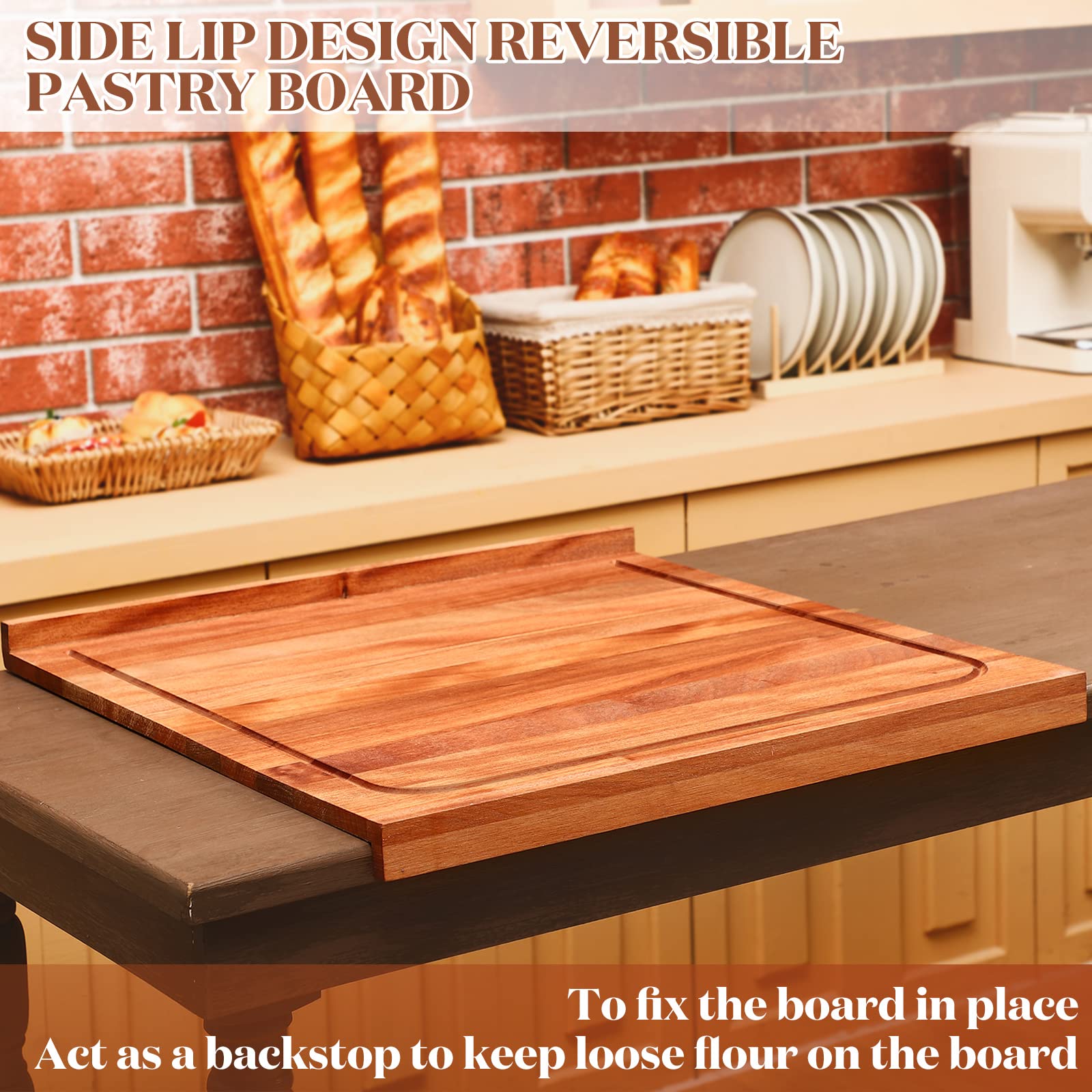 Vesici Reversible Pastry Board with Lip for Rolling Dough Large Wooden Cutting Board Chopping Board Kneading Board with Engraved Measurements for Counter Table Top Kitchen(24 x 22.8 x 1.5 Inch,Walnut)