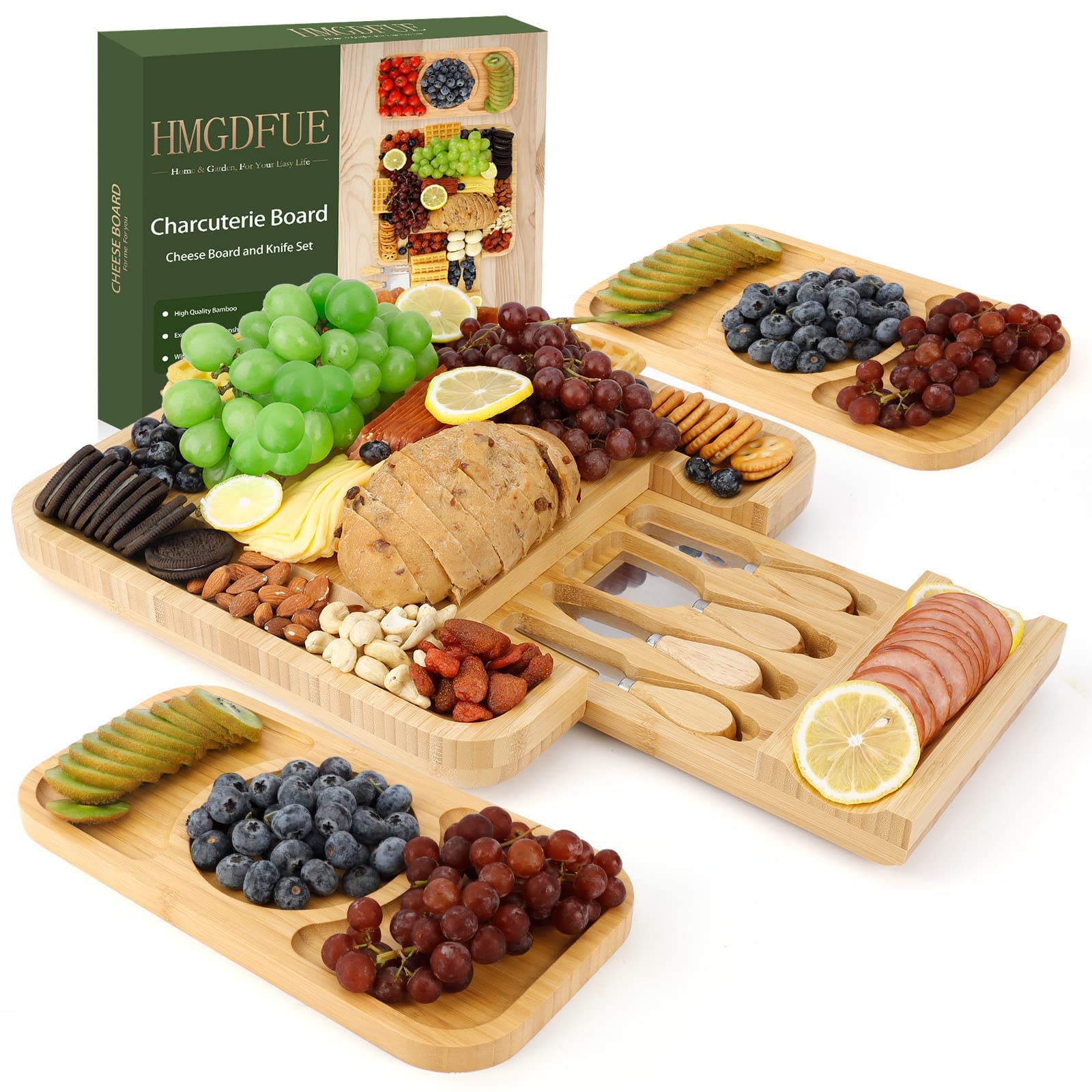 Bamboo Charcuterie Boards Cheese Board Knife Set, 13"x 13" Charcuterie Board and 13" x 6.3" Serving Trays x2 for Charcuterie Cheese Fruit,House Warming New Home Christmas Gift for Couple Women Mom