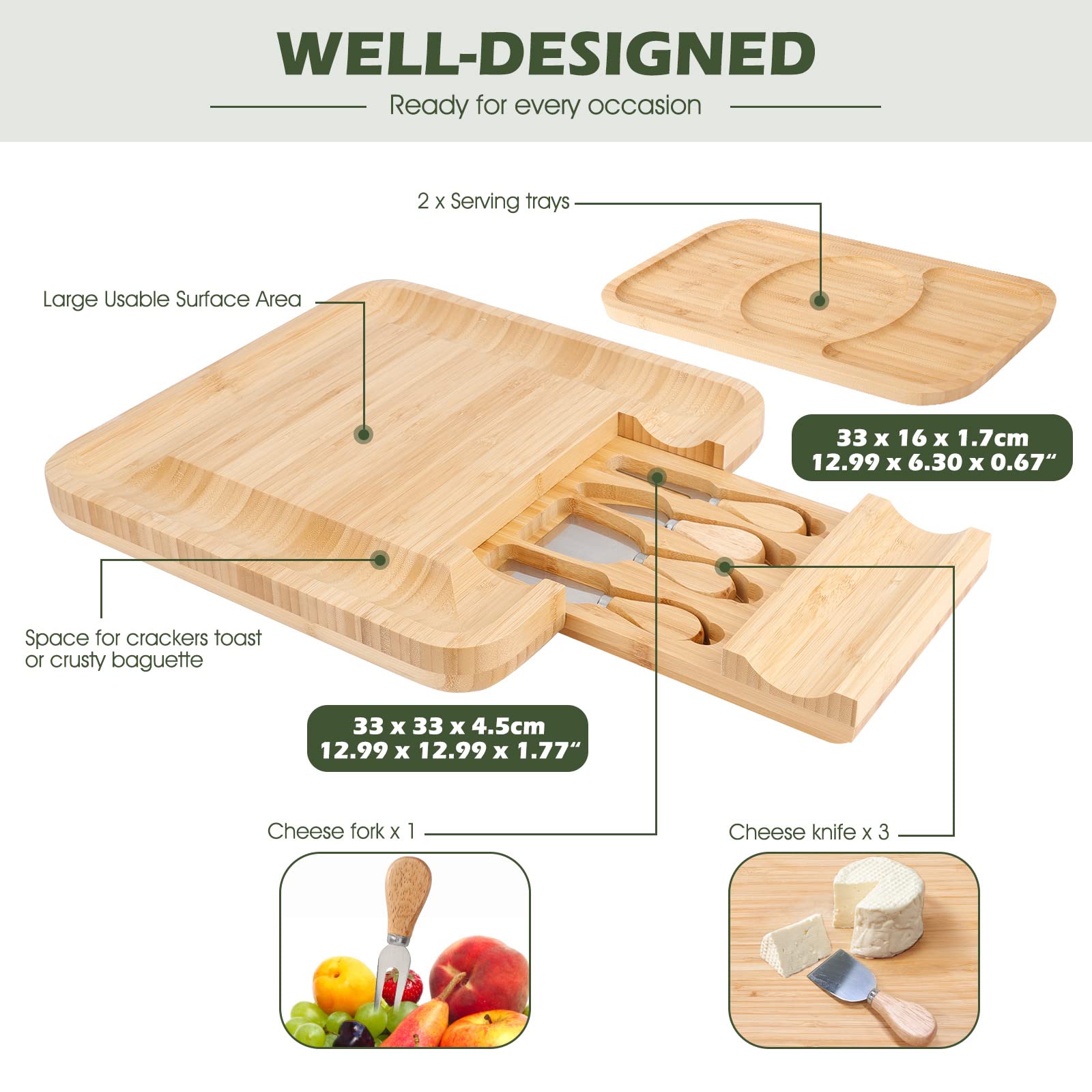 Bamboo Charcuterie Boards Cheese Board Knife Set, 13"x 13" Charcuterie Board and 13" x 6.3" Serving Trays x2 for Charcuterie Cheese Fruit,House Warming New Home Christmas Gift for Couple Women Mom