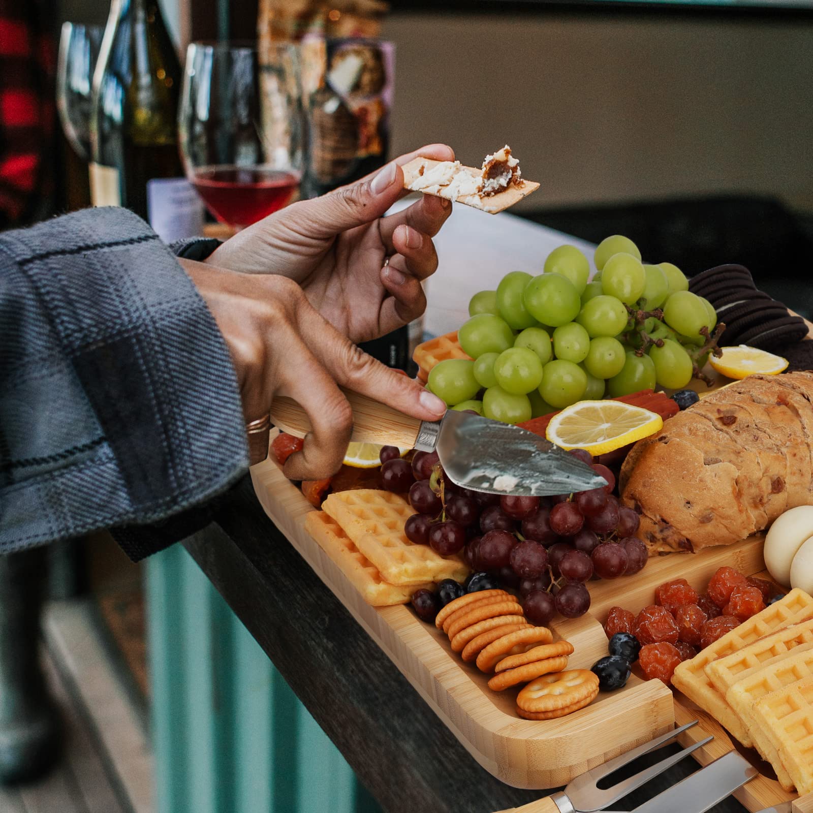 Bamboo Charcuterie Boards Cheese Board Knife Set, 13"x 13" Charcuterie Board and 13" x 6.3" Serving Trays x2 for Charcuterie Cheese Fruit,House Warming New Home Christmas Gift for Couple Women Mom