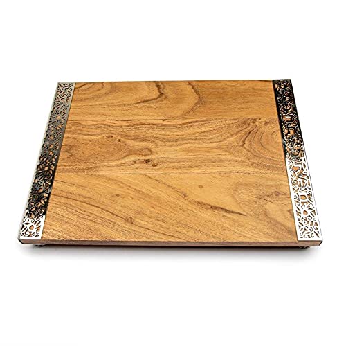 Yair Emanuel Wooden Challah Bread Cutting Board for Shabbat and Yom Tov | Filigree Accent Decoration (CBT-1)