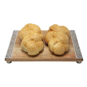 Yair Emanuel Wooden Challah Bread Cutting Board for Shabbat and Yom Tov | Filigree Accent Decoration (CBT-1)