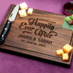 Straga Personalized Cutting Boards | Handmade Wood Engraved Charcuterie | Custom Wedding or Anniversary Gift for Newlyweds or Couples (Happy Ever After Design No.014)