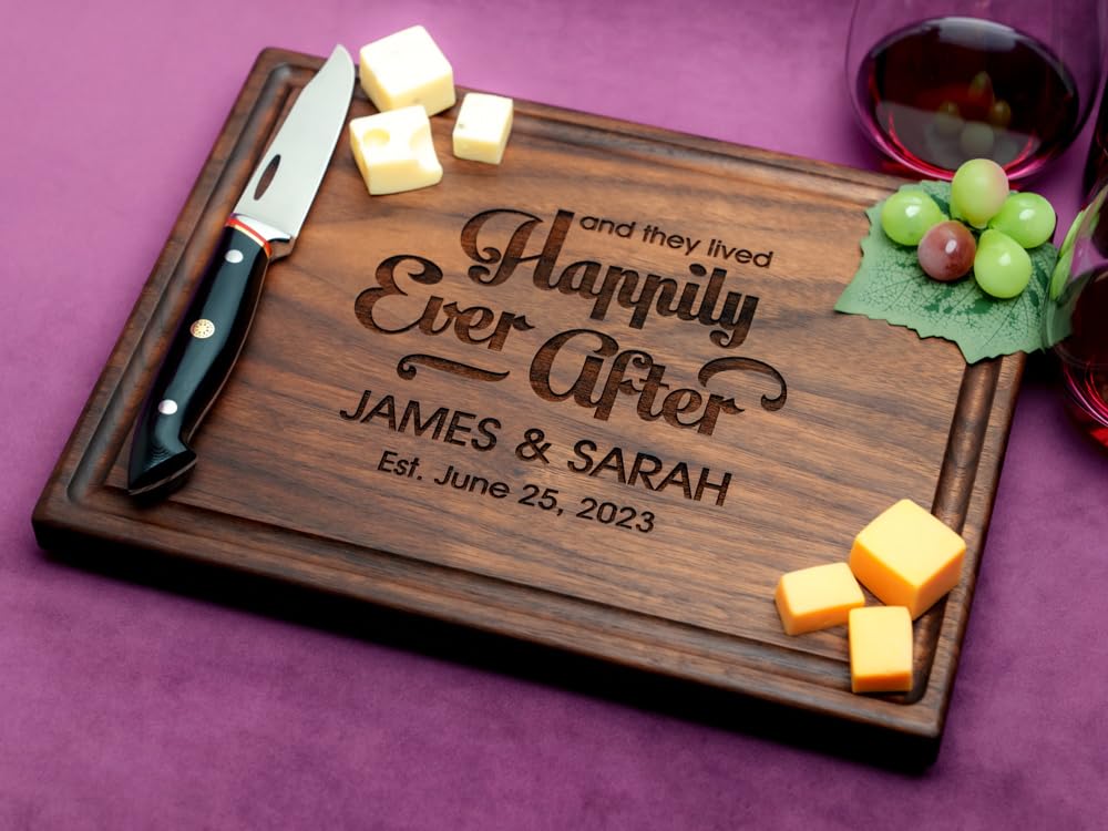 Straga Personalized Cutting Boards | Handmade Wood Engraved Charcuterie | Custom Wedding or Anniversary Gift for Newlyweds or Couples (Happy Ever After Design No.014)