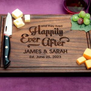 Straga Personalized Cutting Boards | Handmade Wood Engraved Charcuterie | Custom Wedding or Anniversary Gift for Newlyweds or Couples (Happy Ever After Design No.014)