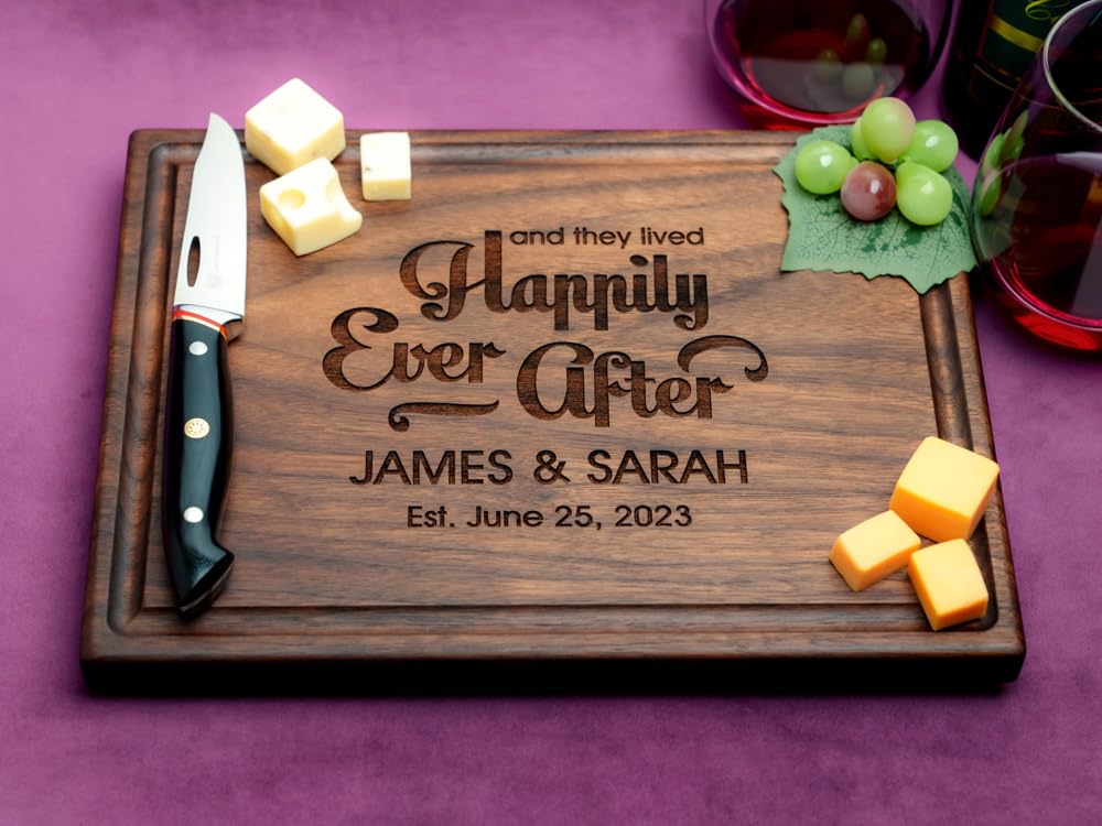 Straga Personalized Cutting Boards | Handmade Wood Engraved Charcuterie | Custom Wedding or Anniversary Gift for Newlyweds or Couples (Happy Ever After Design No.014)