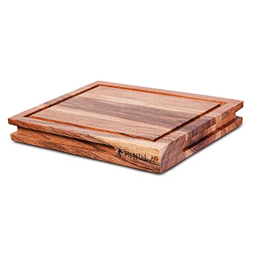 HINDLA Handmade Wooden Cutting Board – 2in1 Acacia Wood Chopping Board & Charcuterie Board Serving Tray – Functional Handmade Butcher Block Wood Cutting Board for Meat and Vegetables – Food Safe