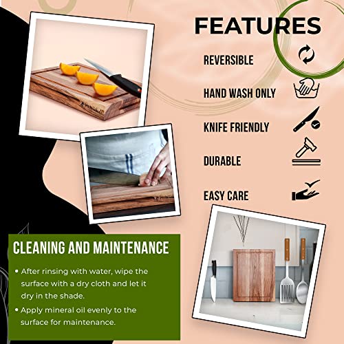 HINDLA Handmade Wooden Cutting Board – 2in1 Acacia Wood Chopping Board & Charcuterie Board Serving Tray – Functional Handmade Butcher Block Wood Cutting Board for Meat and Vegetables – Food Safe