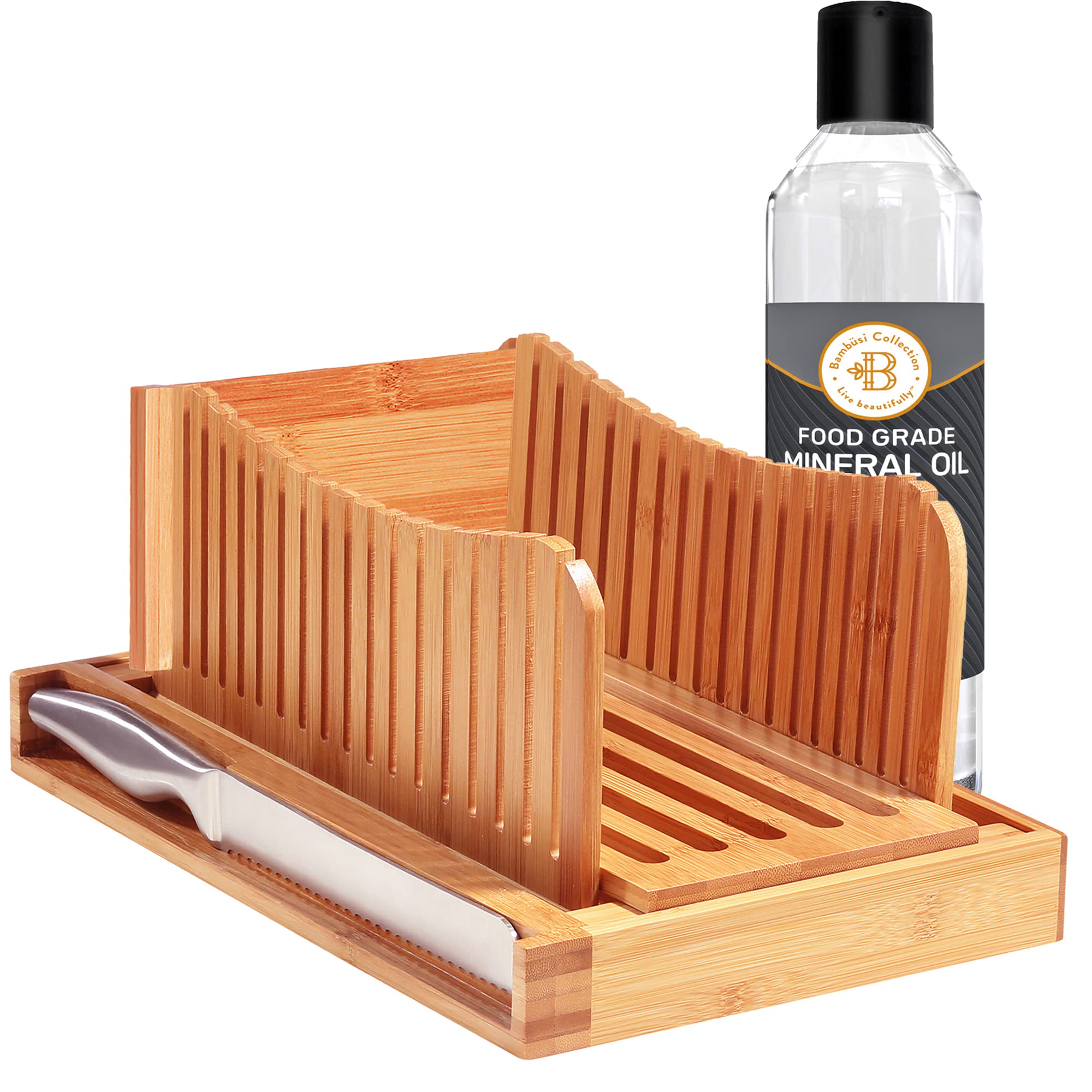 Bamboo Bread Slicer and Knife Set with Food-Grade Mineral Oil - Adjustable Homemade Bread Cutting Guide with Stainless Steel Knife - Essential Bread Making Tools and Supplies