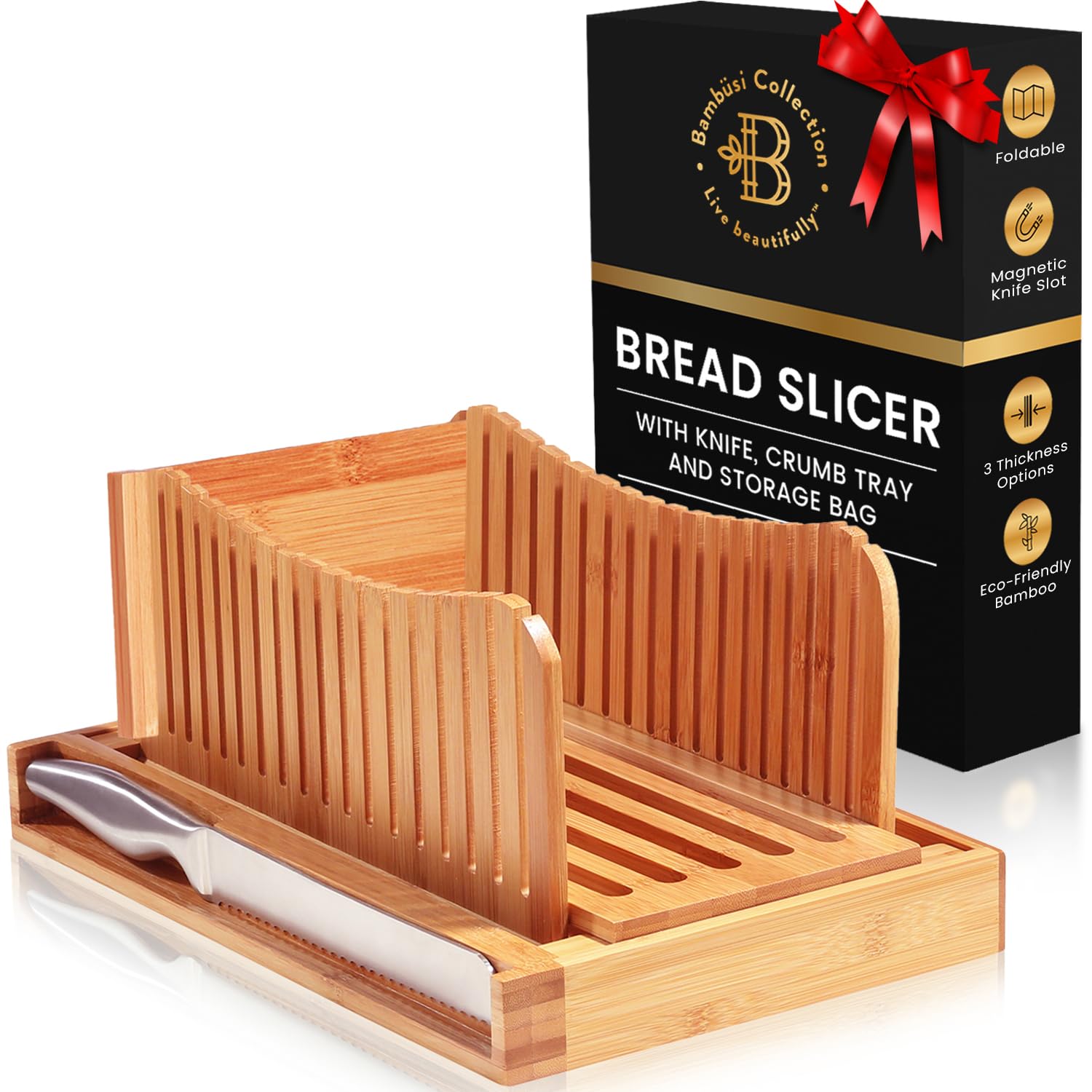 Bamboo Bread Slicer and Knife Set with Food-Grade Mineral Oil - Adjustable Homemade Bread Cutting Guide with Stainless Steel Knife - Essential Bread Making Tools and Supplies