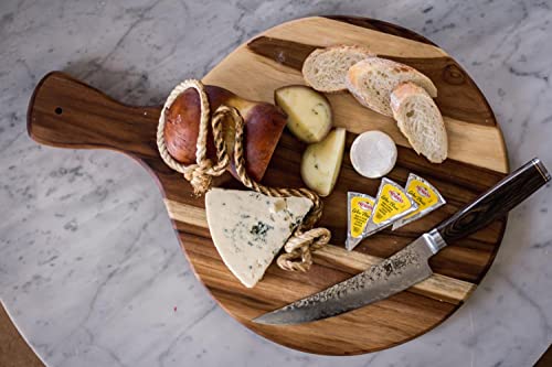 3Bros Teak Wood Round Cutting Serving Board - 13.4" Diameter with 4" Handle - High-Quality, Sustainable Wood - Ideal for Professional and Home Use - Elegant Presentation Platter