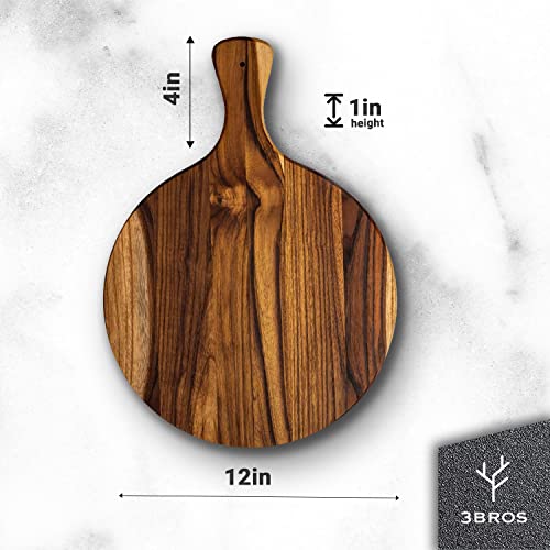 3Bros Teak Wood Round Cutting Serving Board - 13.4" Diameter with 4" Handle - High-Quality, Sustainable Wood - Ideal for Professional and Home Use - Elegant Presentation Platter