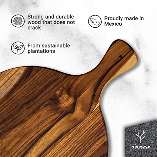 3Bros Teak Wood Round Cutting Serving Board - 13.4" Diameter with 4" Handle - High-Quality, Sustainable Wood - Ideal for Professional and Home Use - Elegant Presentation Platter