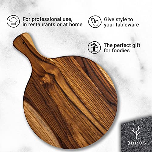 3Bros Teak Wood Round Cutting Serving Board - 13.4" Diameter with 4" Handle - High-Quality, Sustainable Wood - Ideal for Professional and Home Use - Elegant Presentation Platter