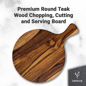 3Bros Teak Wood Round Cutting Serving Board - 13.4" Diameter with 4" Handle - High-Quality, Sustainable Wood - Ideal for Professional and Home Use - Elegant Presentation Platter