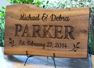 personalized cutting board wedding gift elegant walnut polished live edge wood display custom engraved rustic unique anniversary bride groom newlywed couple parents housewarming (wedding branches)