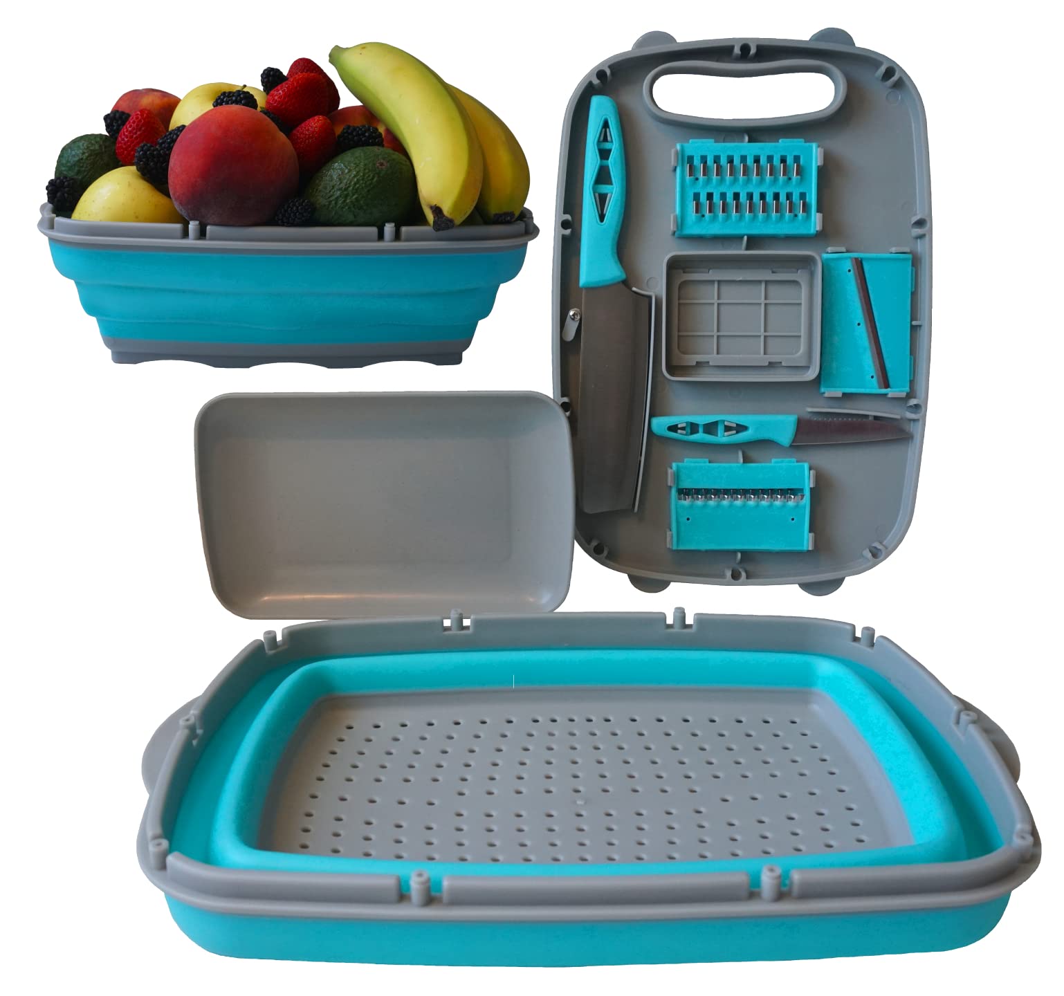 Cutting Board with Foldable Colander 10-in-1 Multipurpose Set Sturdy Compact Space-Saving Easy Cleaning Machine Washable Ideal for Kitchen Apartments Dorms Parks Picnics Beach Camping Travel RVs