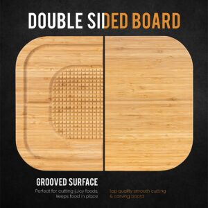 Bamboo Wood Cutting Board - Reversible Sides for Cutting and Carving, Raised Ridges to Hold Meat in Place and Deep Grooves to Trap Juices. Great for Holiday, Thanksgiving and Christmas Dinner