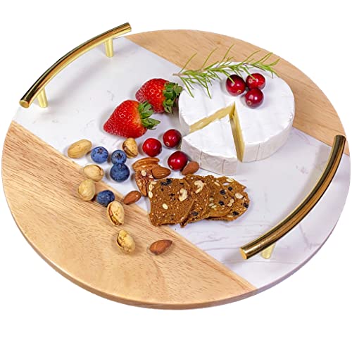 Marble Cheese Board with Handle 13" Round - Beautifully Handcrafted Marble and Wood Charcuterie Board - Wonderful Housewarming Gift