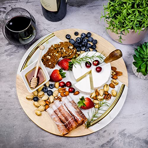 Marble Cheese Board with Handle 13" Round - Beautifully Handcrafted Marble and Wood Charcuterie Board - Wonderful Housewarming Gift