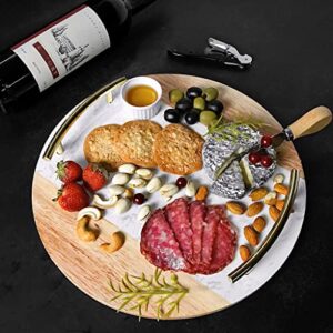 Marble Cheese Board with Handle 13" Round - Beautifully Handcrafted Marble and Wood Charcuterie Board - Wonderful Housewarming Gift